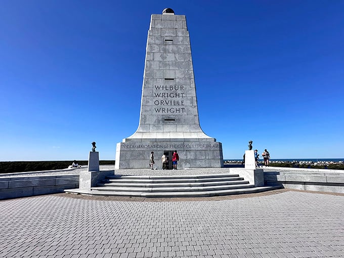 This granite monument stands tall against endless blue sky, honoring the brothers who taught humanity to fly like birds.