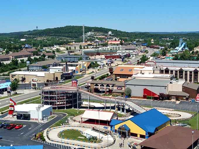 Rolling hills embrace this entertainment hub where theaters and attractions cluster together like old friends.