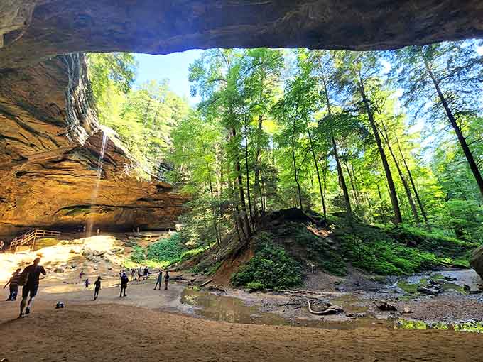 The horseshoe-shaped cave opens wide to reveal layers of ancient rock and a waterfall that freezes solid each winter.