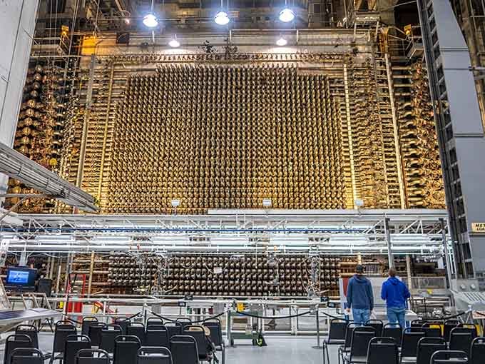 Inside the reactor, thousands of tubes create a mesmerizing geometric pattern that once powered the dawn of the atomic age.