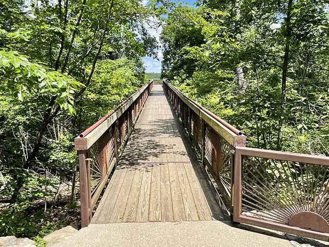 The bridge stretches into green wilderness, inviting you to leave the everyday world behind for adventure.