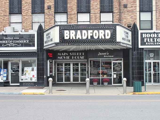 Classic movie theater marquee lights up downtown Bradford like a Hollywood premiere, minus the paparazzi and traffic jams.