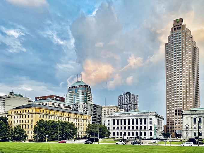 When sunset paints your skyline in golden light, even the most practical buildings start looking downright romantic.