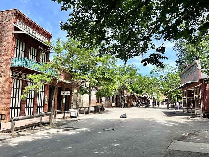 Shady trees and brick storefronts create the perfect setting for a leisurely stroll through authentic Gold Rush-era California history.