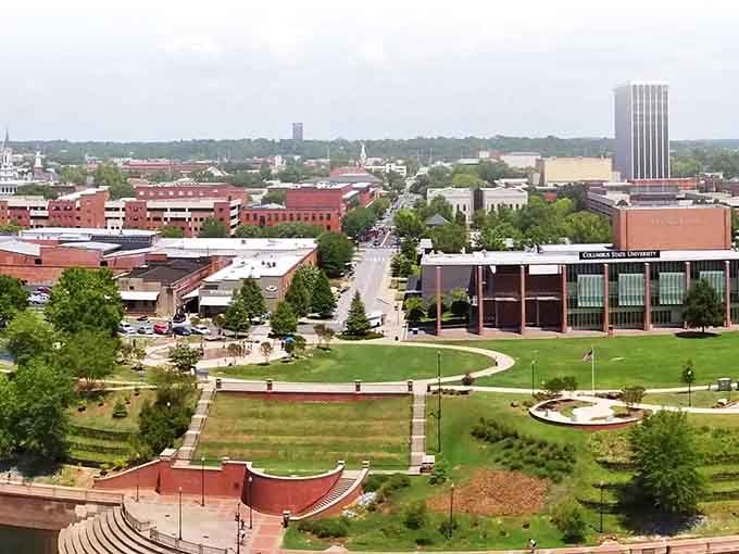 The Chattahoochee River flows past Columbus' green spaces, offering peaceful walking paths just steps from the city's vibrant center.