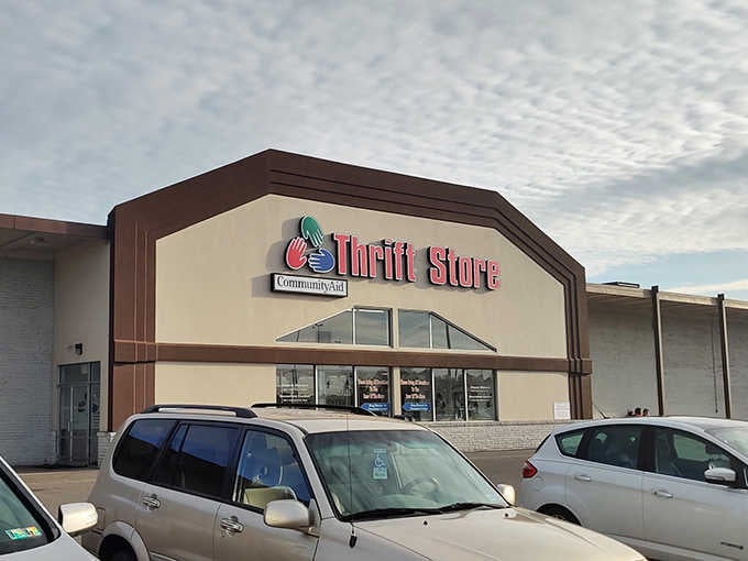 Evening light catches the building just right, making this thrift store look almost glamorous for bargain hunting adventures.