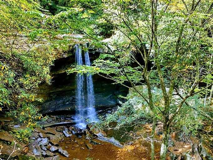 The delicate ribbon of water tumbles over layered rock into crystal-clear pools that practically beg for a photograph.