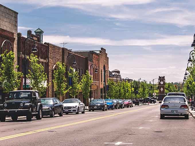 Historic brick buildings frame tree-lined streets where parking is easy and walking is even easier than that.