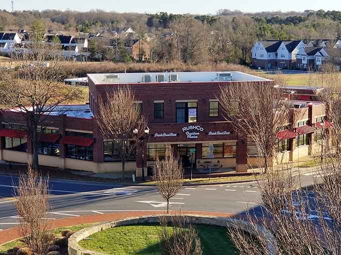 From above, Davidson's downtown reveals its perfect blend of historic brick buildings and thoughtfully planned green spaces.