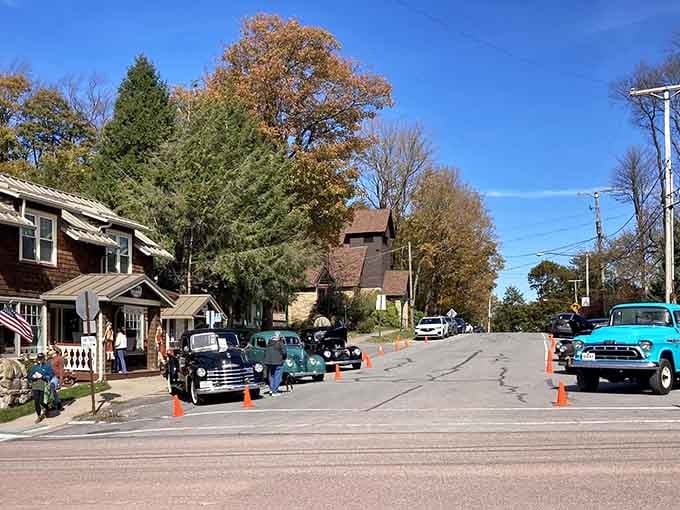 Vintage trucks lined up like a scene from "American Graffiti," proving some towns still celebrate their automotive heritage properly.