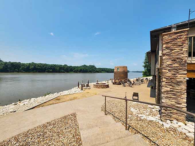 The Illinois River stretches wide and calm, offering views that make every meal taste better somehow.