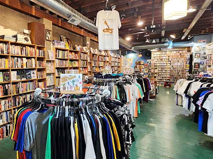 Books lining the walls floor to ceiling while clothing racks fill the center&mdash;a bibliophile's thrift store fantasy come true.
