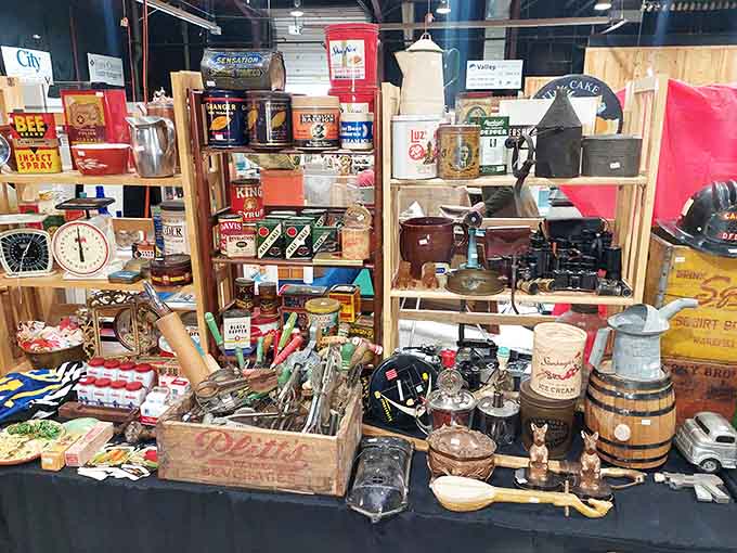 Vintage coffee tins and wooden barrels create a collector's paradise that would make Marie Kondo wonderfully nervous.