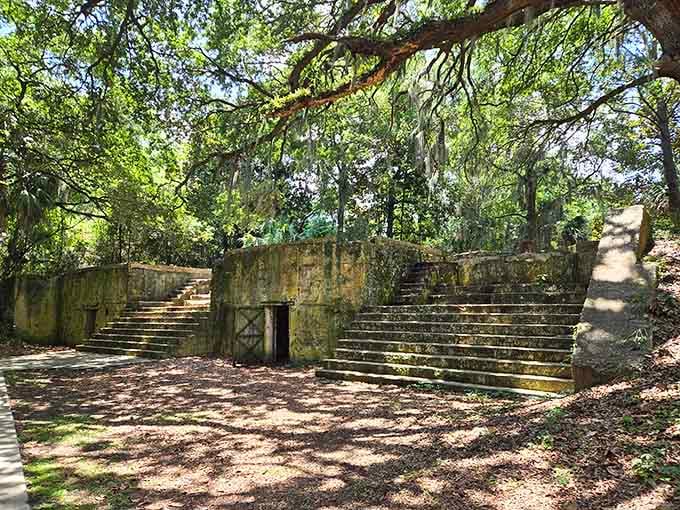 These weathered steps once led somewhere important, now they're a stage where sunlight performs its daily show.