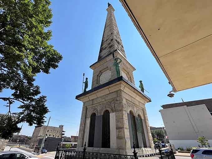 This elegant stone tower rises above the cityscape like something from a European postcard, right here at home.