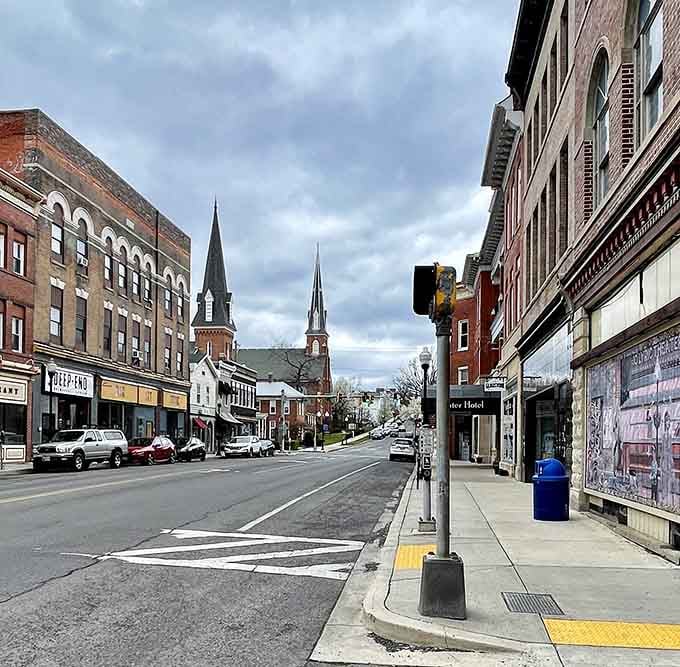 Twin steeples frame the main street like bookends on a well-loved story that keeps getting better with each chapter.