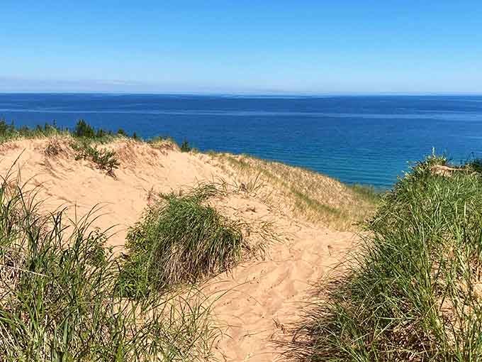 Golden dunes roll toward endless blue like Lawrence of Arabia decided to vacation on the Great Lakes instead.