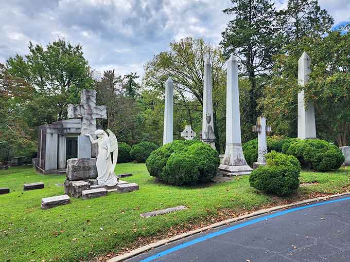 Perfectly trimmed boxwoods frame eternal resting places&mdash;Southern elegance extends even to the afterlife here.