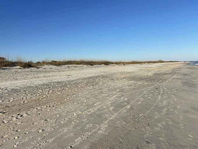 The beach extends like a private paradise, with dunes and sea grass framing the endless horizon.