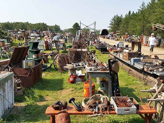 Rows of farm equipment and antique treasures stretch across the field like an outdoor museum exhibit.