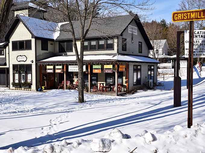 Winter transforms these storefronts into a scene straight from a classic holiday movie, minus the Hollywood crowds.