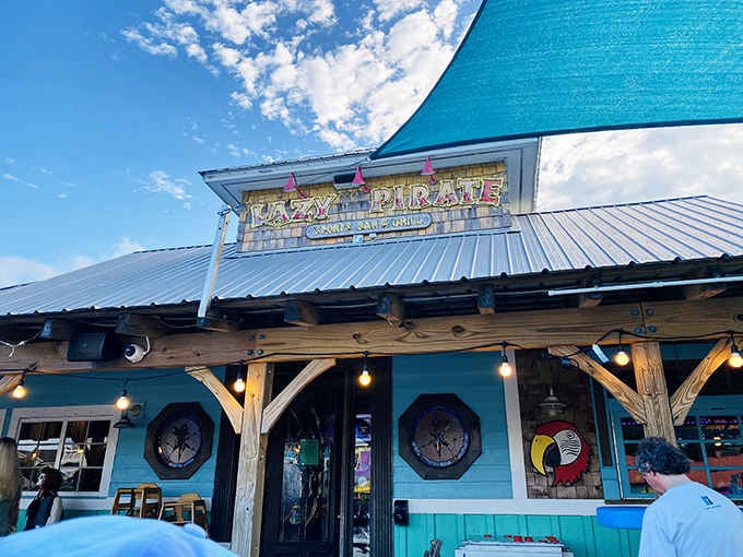 The Lazy Pirate's colorful exterior promises tropical drinks and good times just steps from the Carolina shore.