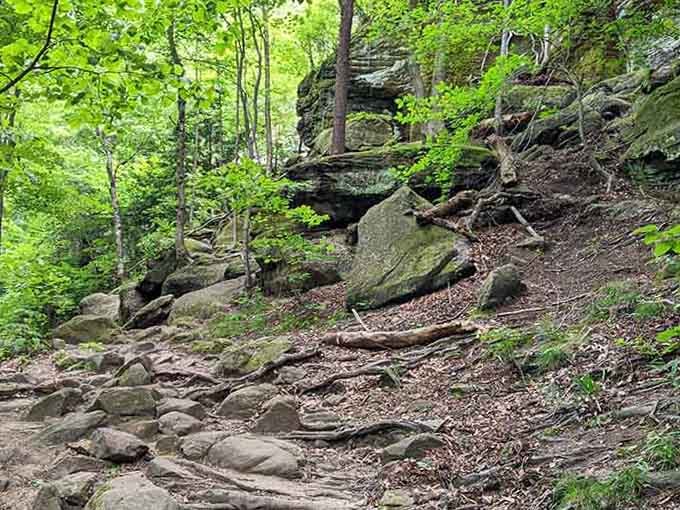 The trail winds through rock formations that look like they're auditioning for a fantasy film set.