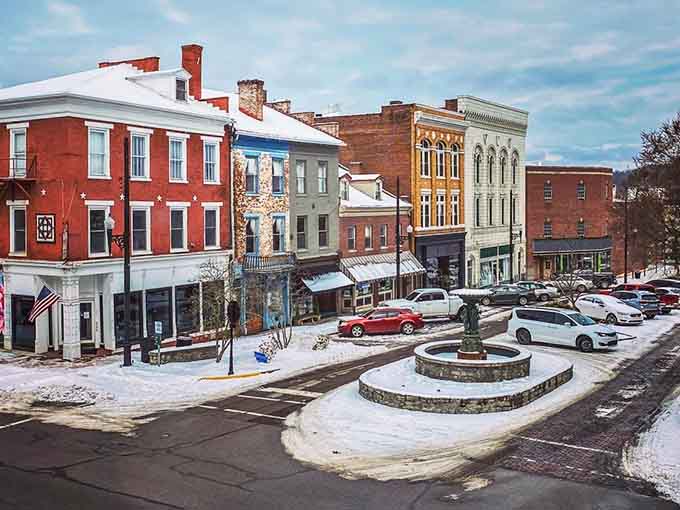Winter transforms this town square into a Currier and Ives scene with snow-dusted charm everywhere you look.