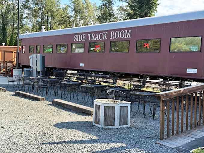 The Side Track Room offers al fresco seating beside genuine train cars, proving dinner can be an adventure.