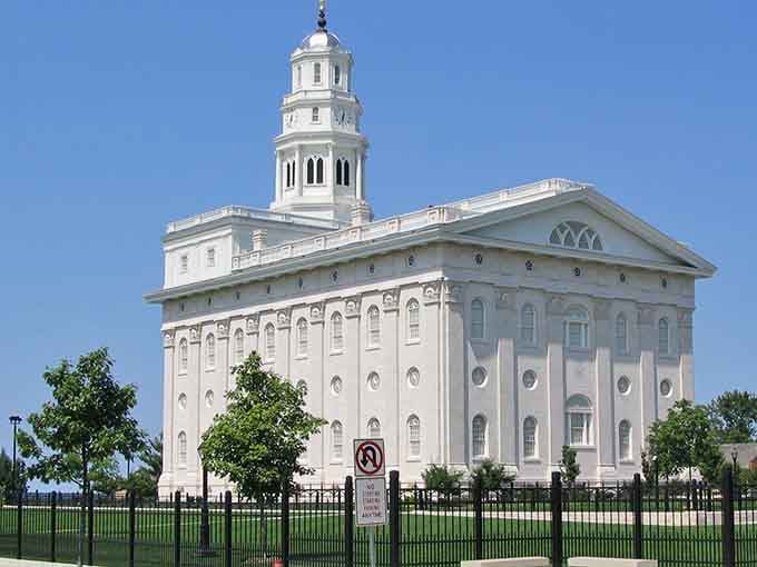 This white temple rises from the prairie like a wedding cake on the world's greenest tablecloth.