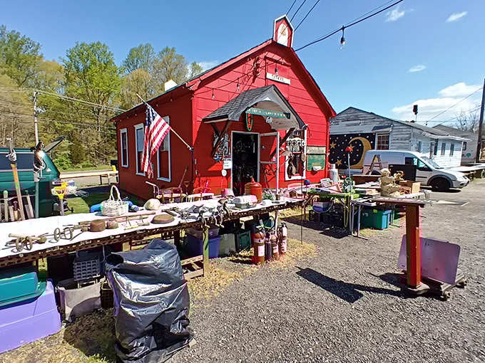 The bright red barn-style building stands out like a beacon calling treasure seekers to discover what's inside today.