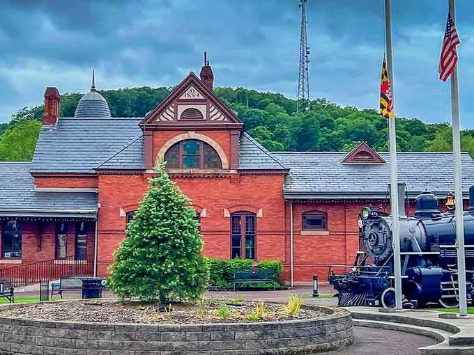 The red station house with its arched windows looks ready to welcome travelers from Prague or Vienna any minute now.