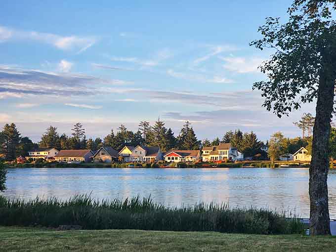 Ocean Shores waterfront homes catch the golden hour glow, proving paradise doesn't require a tropical zip code.