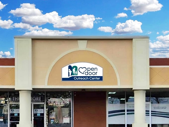 Those puffy clouds overhead seem to celebrate the bright mission behind this outreach center's generous doors below.