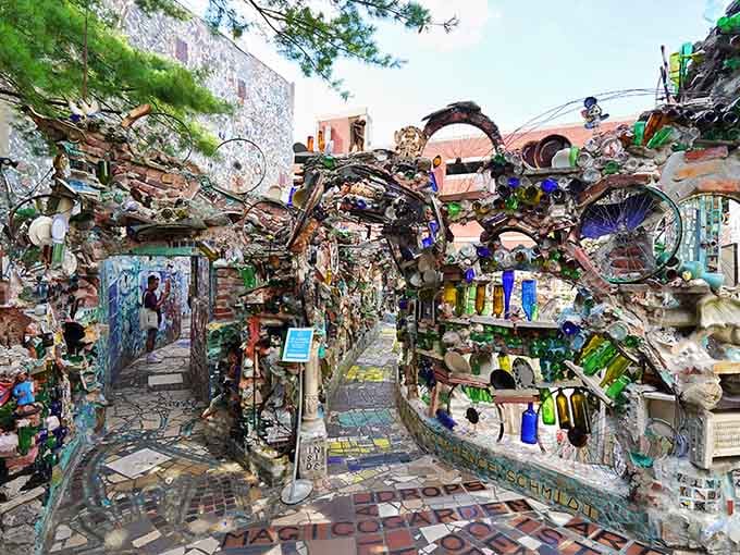 This outdoor mosaic wonderland proves one person's trash becomes another's treasure when artistic vision takes the wheel completely.