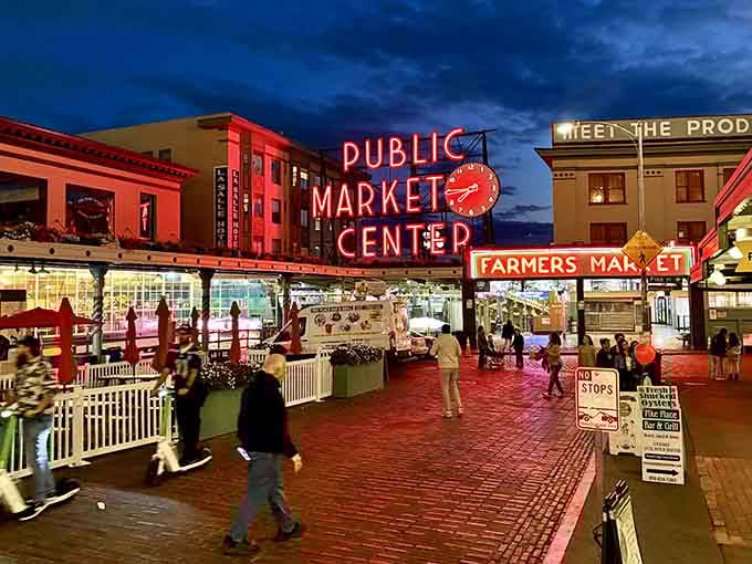 The neon glow transforms this historic market into a nighttime wonderland that never gets old, trust me.