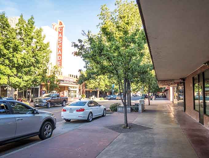 Tree-shaded sidewalks and the iconic Cascade Theatre tower create a downtown worth exploring on foot.