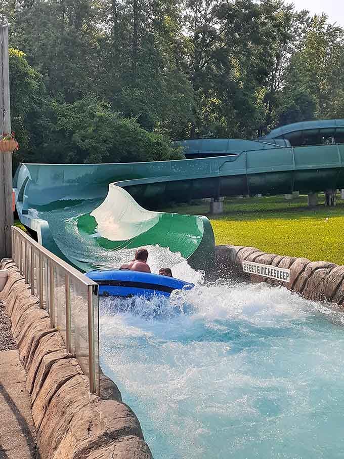 Two riders hit that final splash with perfect timing, creating twin geysers that sparkle in the evening light beautifully.