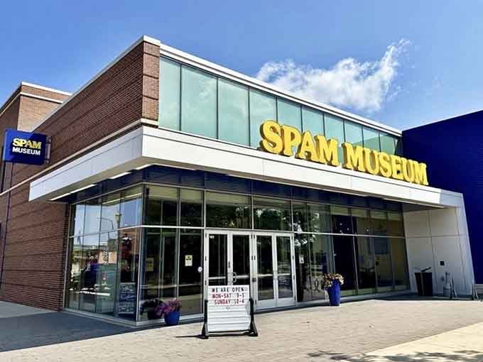 The modern building's clean lines prove that celebrating humble luncheon meat deserves surprisingly sophisticated architecture and design.
