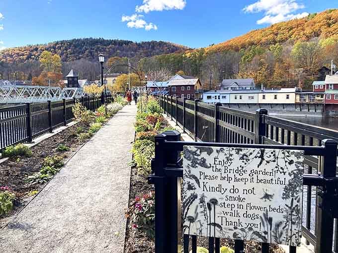 The Bridge of Flowers lives up to its name with planters overflowing in a riot of color against autumn hills.
