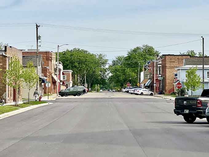 Tree-lined residential streets stretch into the distance, inviting leisurely strolls through this peaceful prairie community.
