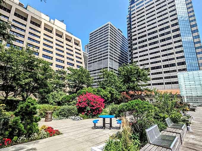 Colorful blooms frame this elevated garden oasis where skyscrapers meet serenity in the most unexpected urban embrace.