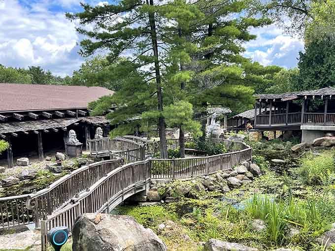 Wooden walkways wind through lush gardens connecting buildings that house one man's extraordinary vision of everything.