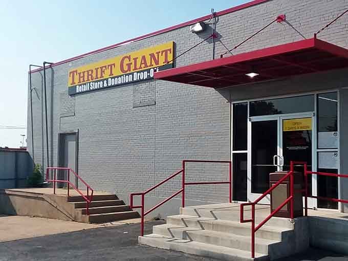 Red railings lead upward to bargain paradise, where every step brings you closer to your next favorite find.