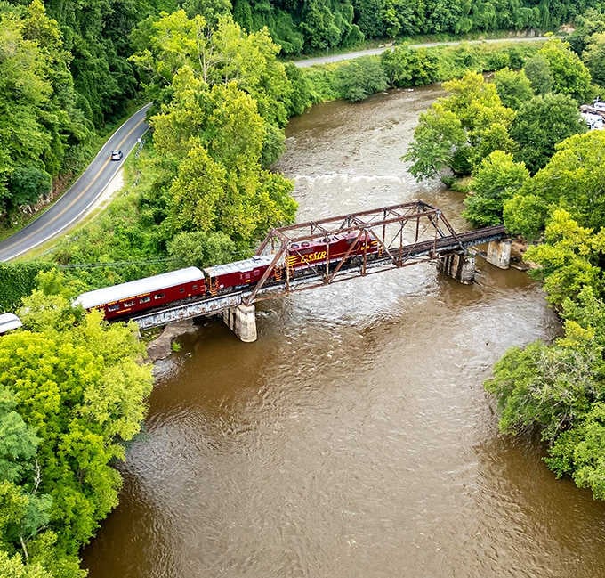 Crossing the river on that historic trestle bridge combines engineering marvel with natural beauty in one spectacular view.
