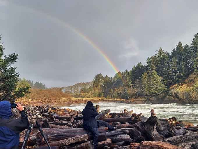 Nature's rainbow appears like a promise after the storm, arcing over driftwood logs arranged by Pacific tides.