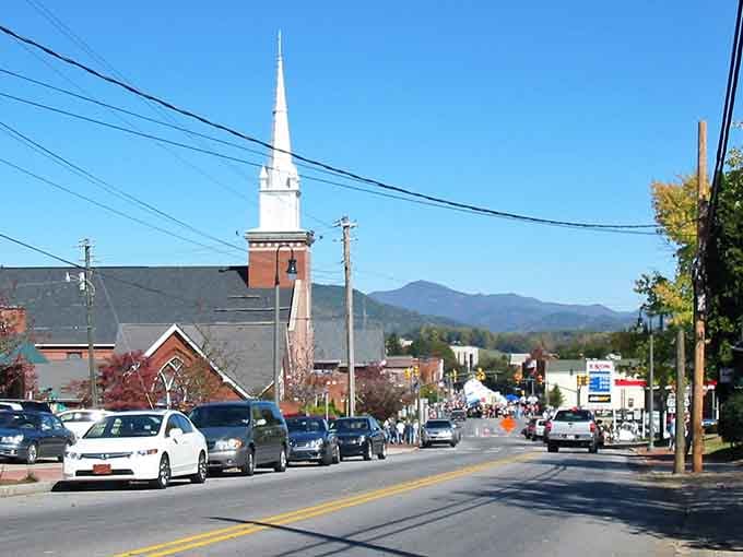 That white church steeple piercing the sky serves as the town's exclamation point, visible from practically everywhere worth being.