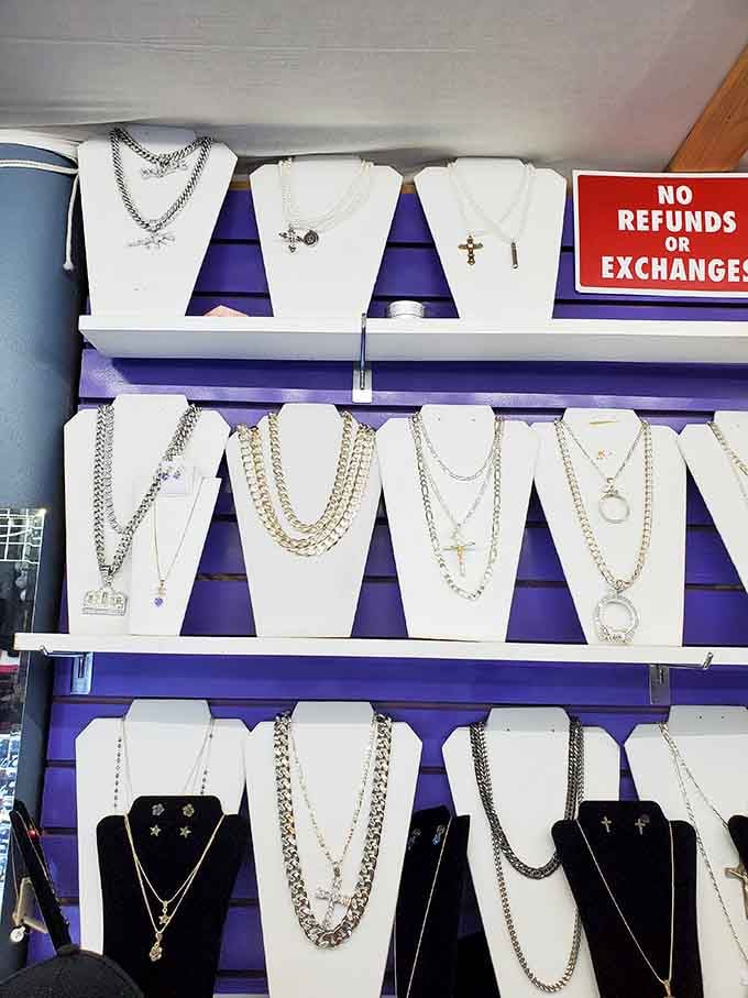 Jewelry displays gleam under the lights, offering sparkle without the department store markup or snooty sales pressure.