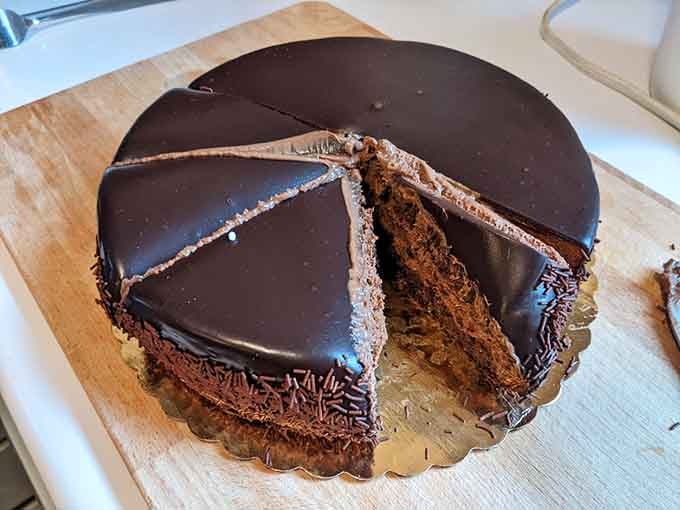 This chocolate mousse cake with its mirror glaze looks almost too beautiful to eat. Almost being the key word.