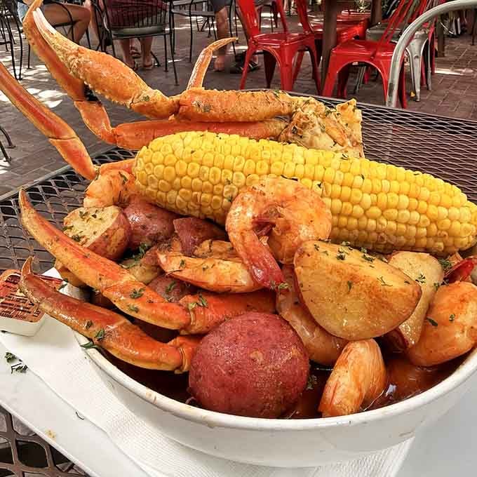 This Lowcountry boil brings the coastal feast experience right to your table, complete with crab legs reaching skyward.